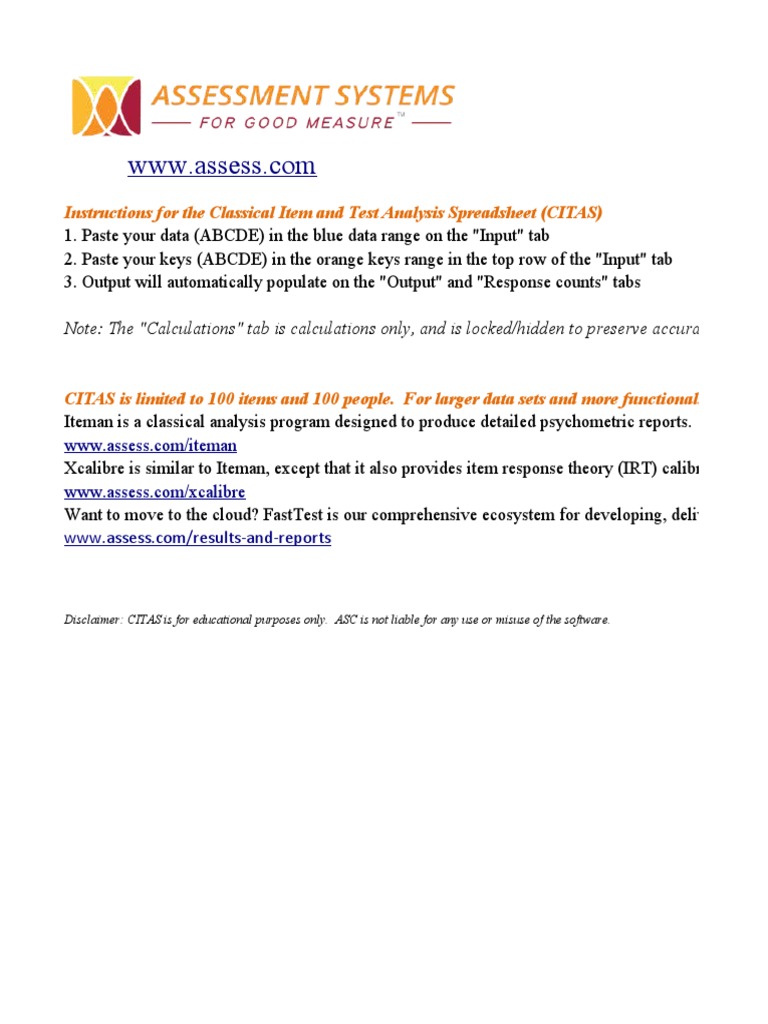 Instructions for Using the Classical Item and Test Analysis Spreadsheet ...