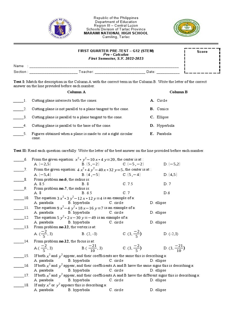 Precal-First-Quarter-PreTest_2022-2023_for pretest | PDF | Ellipse ...
