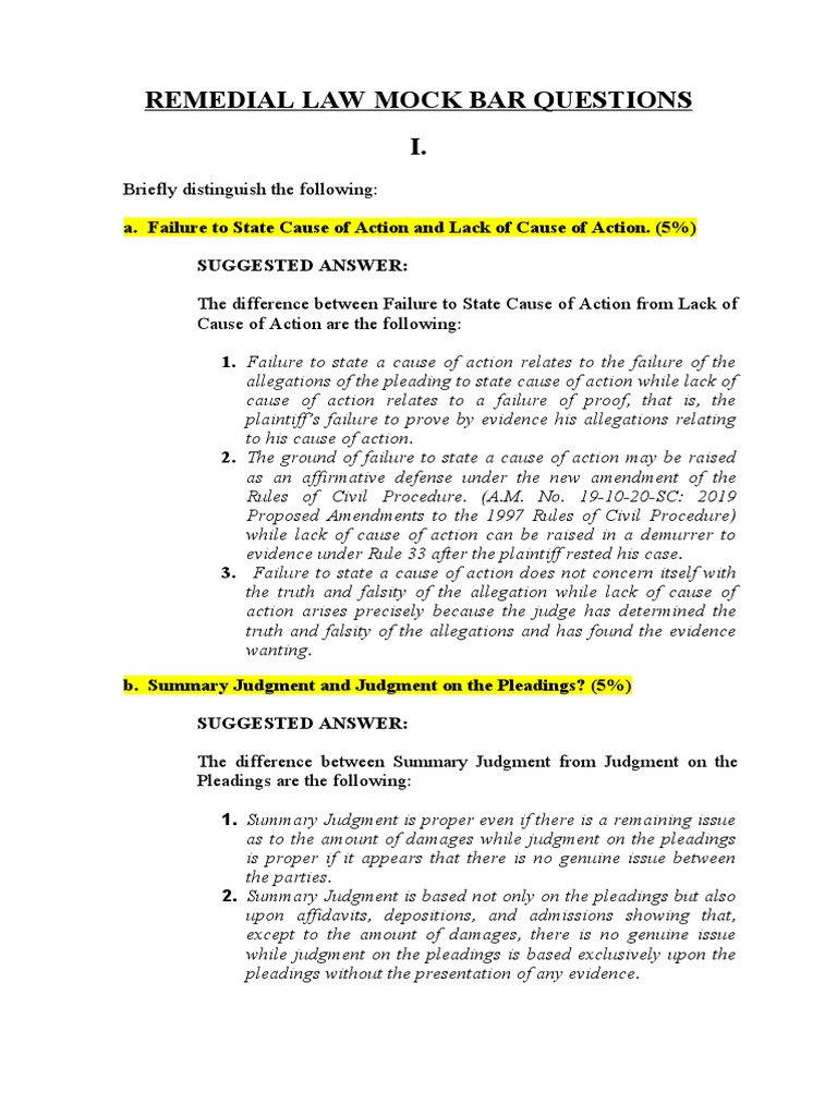 Remedial Law Mock Bar Questions I.: Briefly Distinguish The Following ...