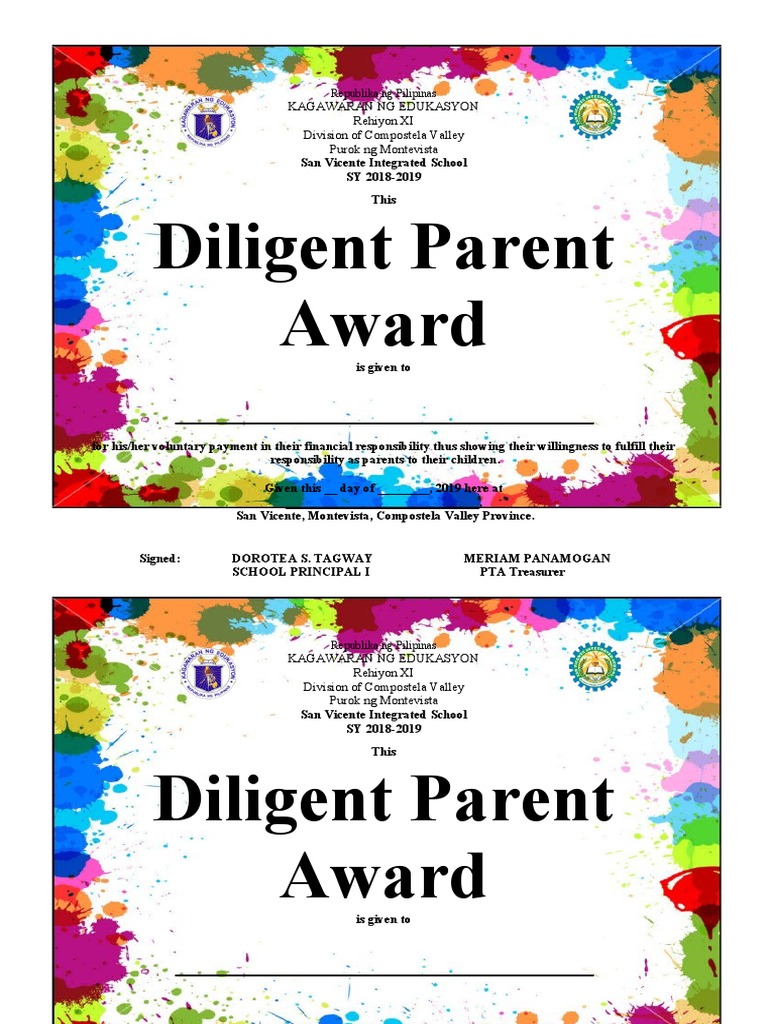 Diligent Parent Award: Kagawaran NG Edukasyon Rehiyon XI Division of ...
