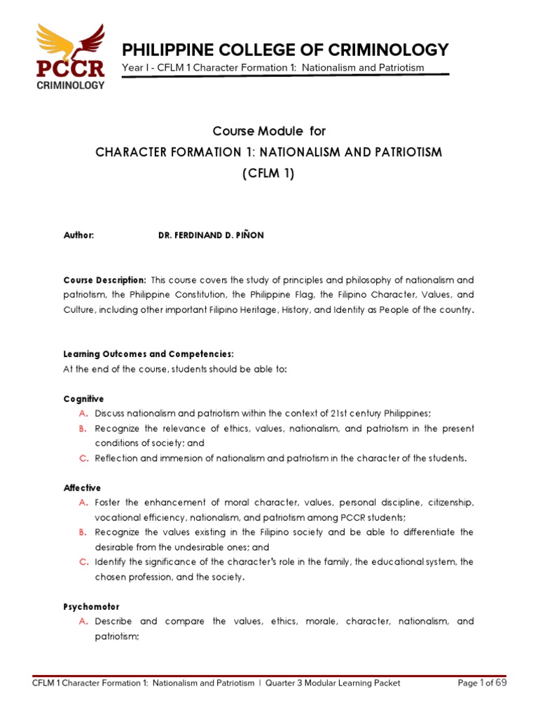 Philippine College of Criminology: Course Module For Character Formation 1: Nationalism and ...