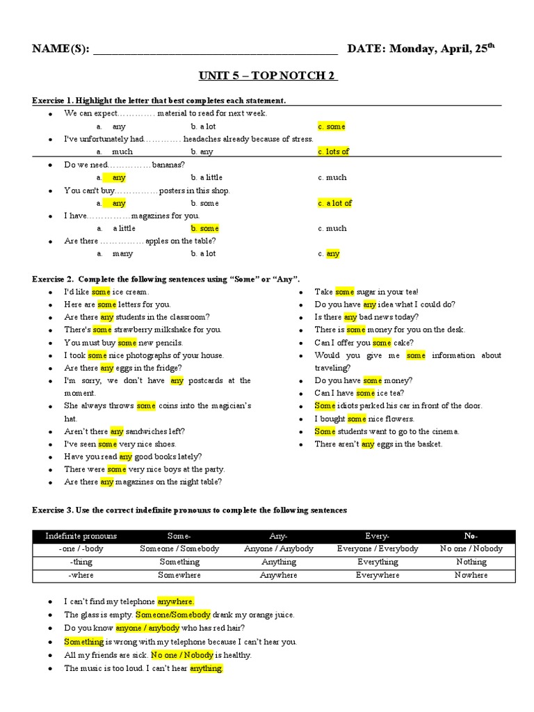Top Notch 2 Unit 5 Exercises | PDF