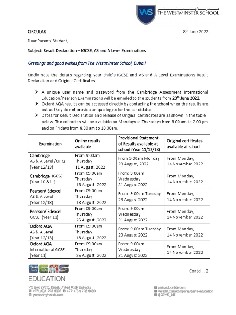 The Westminster School, Dubai Result Declaration Circular: Details on ...