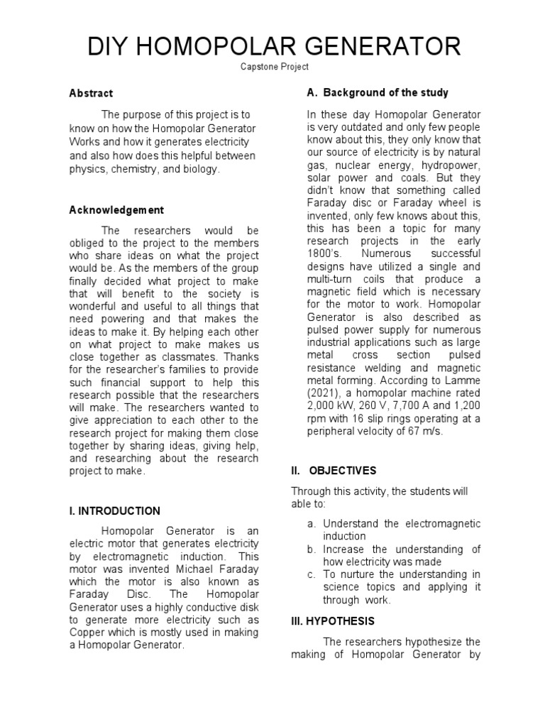Diy Homopolar Generator: A. Background of The Study | PDF | Electric ...