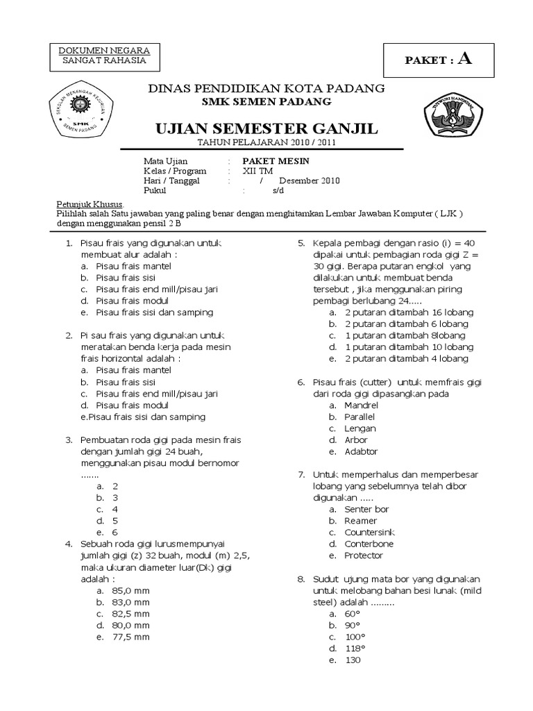 PERALATAN DAN ALAT UJIAN SEMESTER GANJIL SMK SEMEN PADANG | PDF