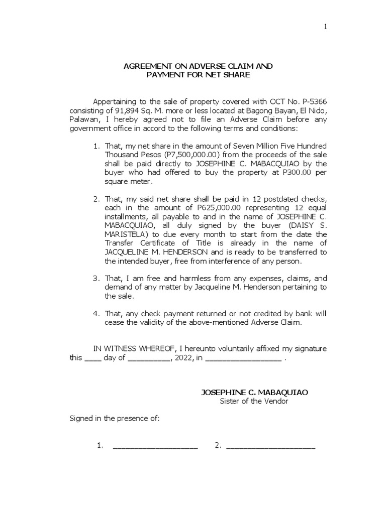 Agreement on Payment of Net Share and Avoidance of Adverse Claim ...