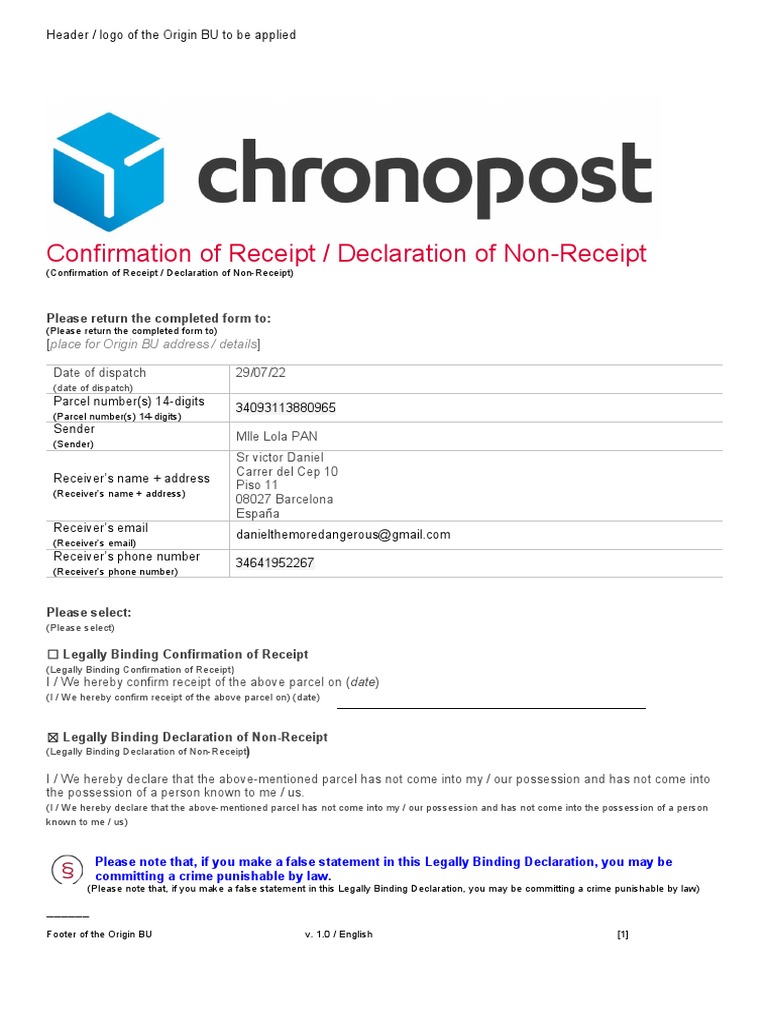 Confirmation of Receipt / Declaration of Non-Receipt: Header / Logo of The Origin BU To Be ...