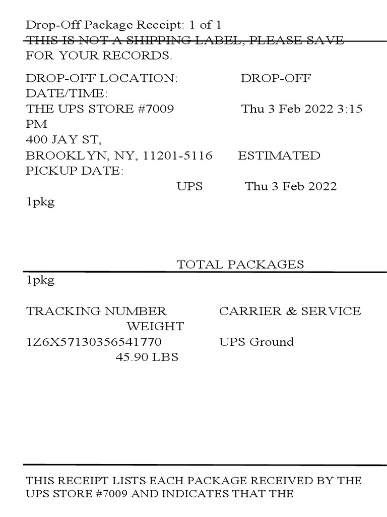This Receipt Lists Each Package Received by The Ups Store #7009 and ...