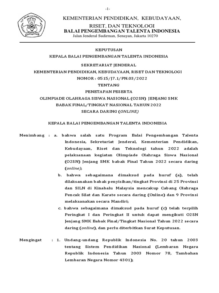 Hasil Seleksi O2SN SMK - Provinsi | PDF