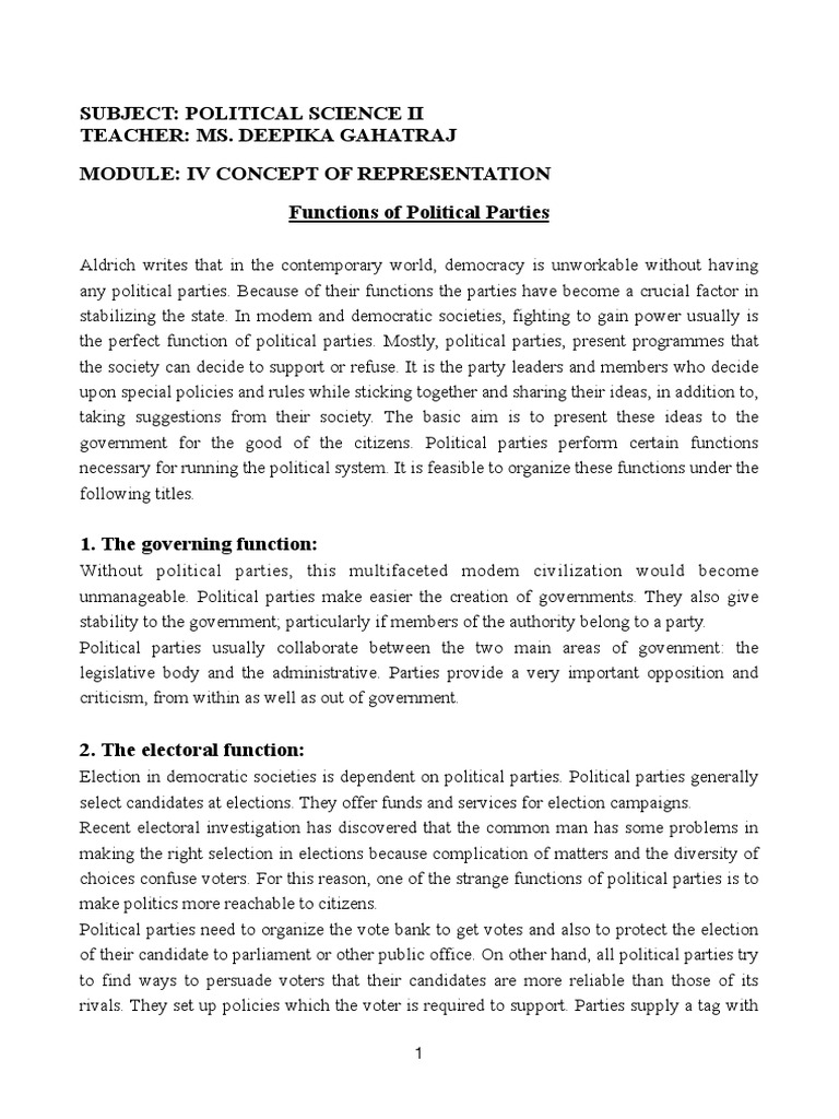 Functions of Political Parties | PDF | Elections | Voting
