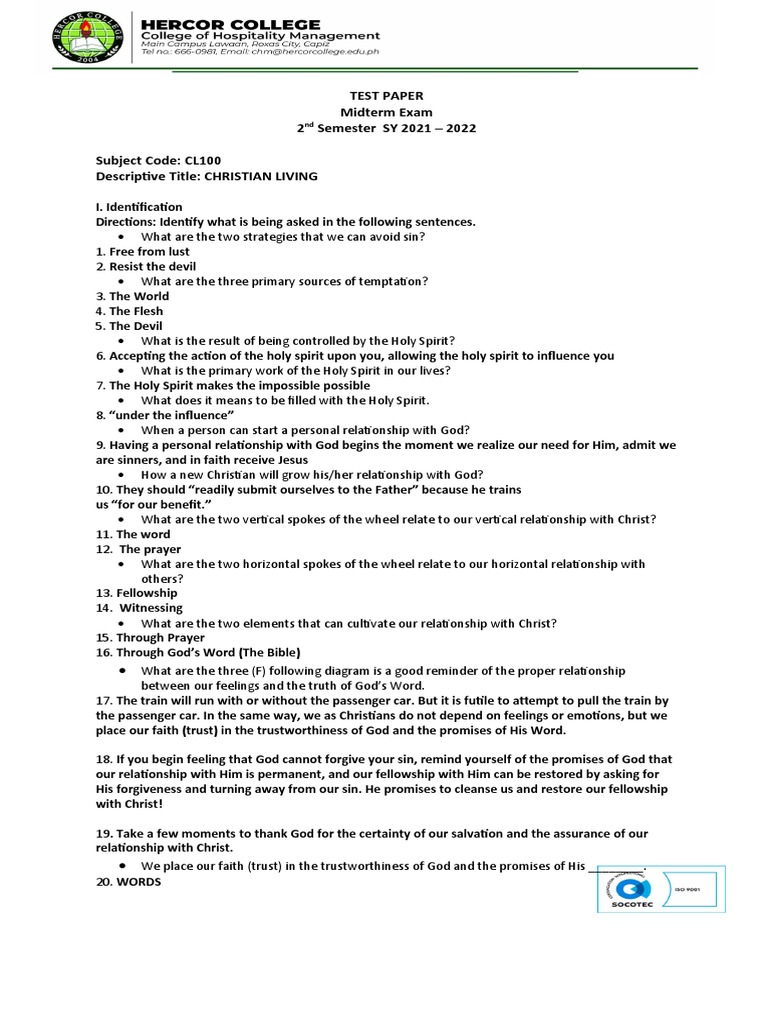 Test Paper Midterm Exam 2 Semester SY 2021 - 2022 Subject Code: CL100 ...