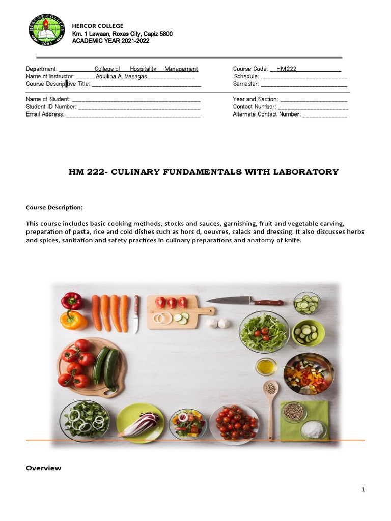 HM 222-Culinary Fundamentals With Laboratory: Hercor College | PDF ...
