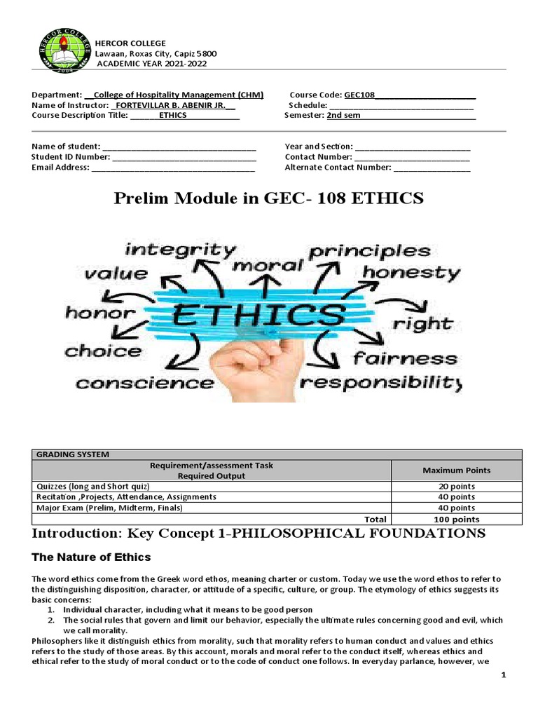 Prelim Module in GEC-108 ETHICS: Introduction: Key Concept 1-PHILOSOPHICAL FOUNDATIONS | PDF