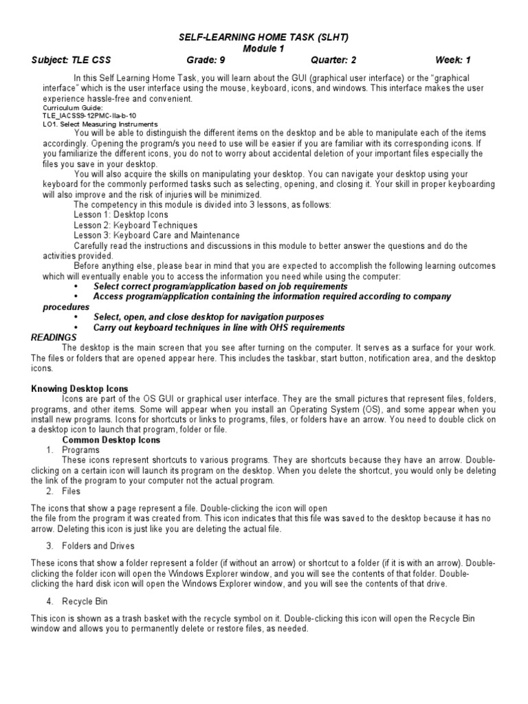SLHT Grade 9 Week 1 MODIFIED | PDF | Icon (Computing) | System Software