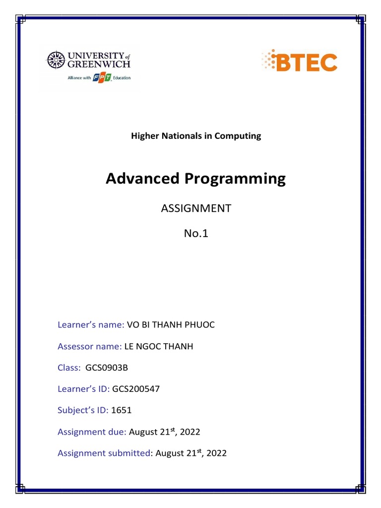 1651- Advanced Programming - Võ Bì Thành Phước - GCS200547 - Assignment 1 (1) | PDF | Class ...