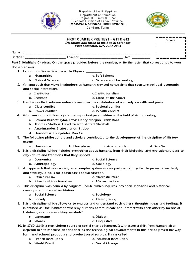 Part I: Multiple Choices. On The Space Provided Before The Number ...
