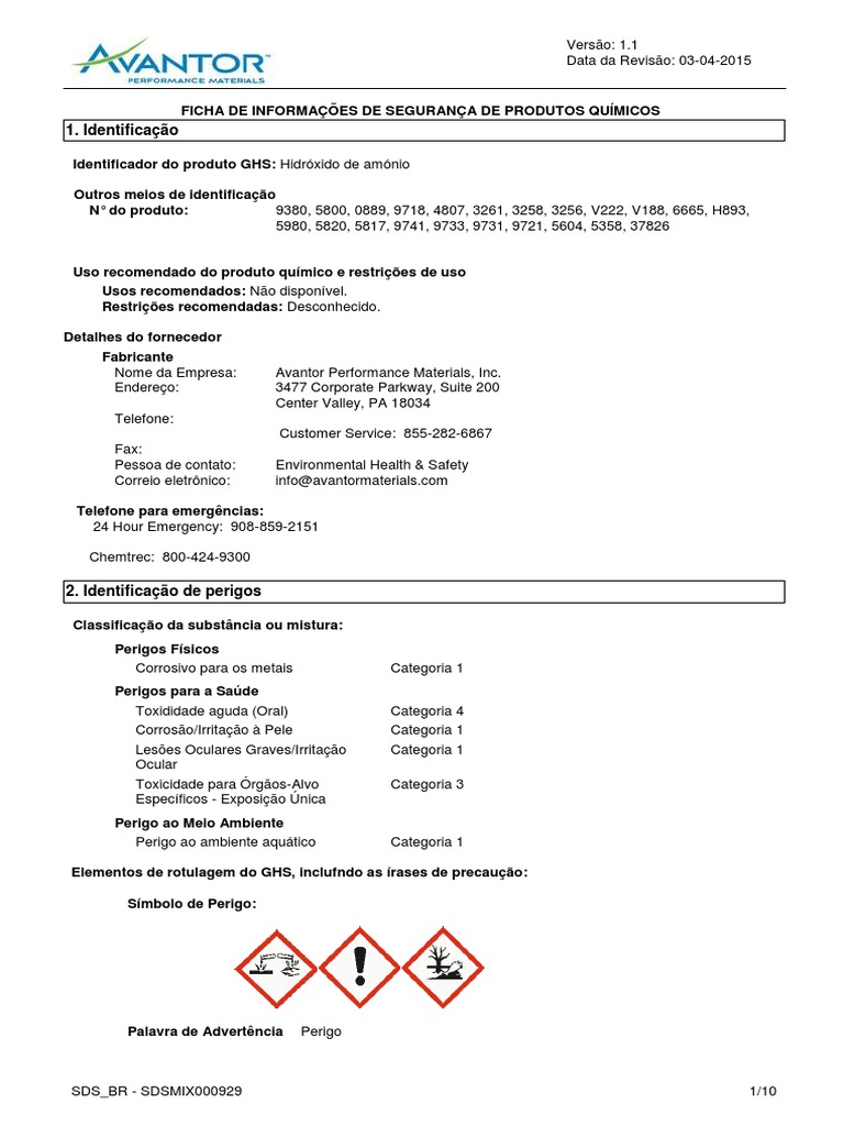 Hidroxido de Amonio) - J T Baker Avantor | PDF | Desperdício | Primeiros socorros