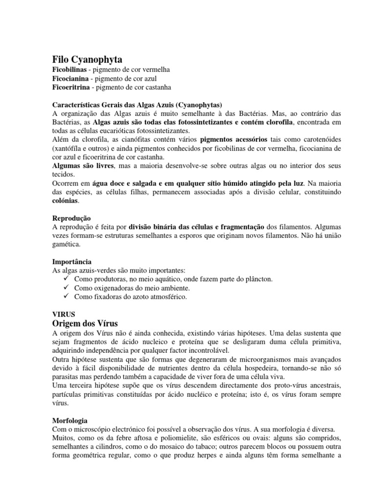Características Gerais das Algas Azuis (Cyanophytas) e seus Pigmentos ...