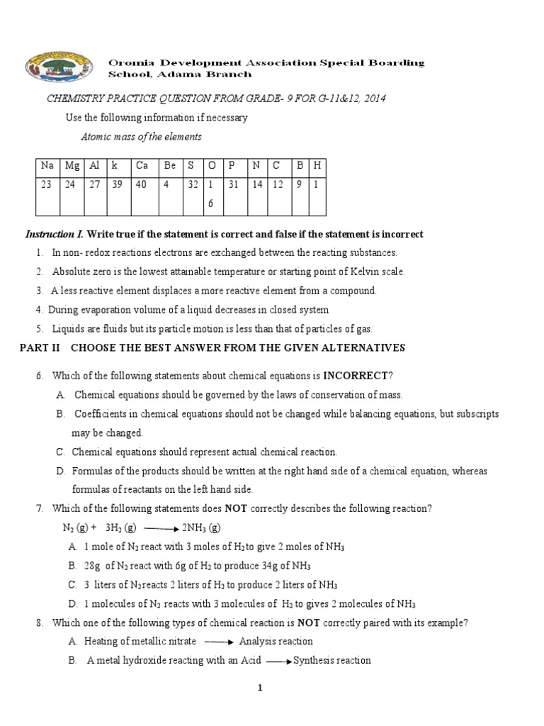 Grade 9 Chemistry Practice Questions | PDF | Redox | Chemical Reactions