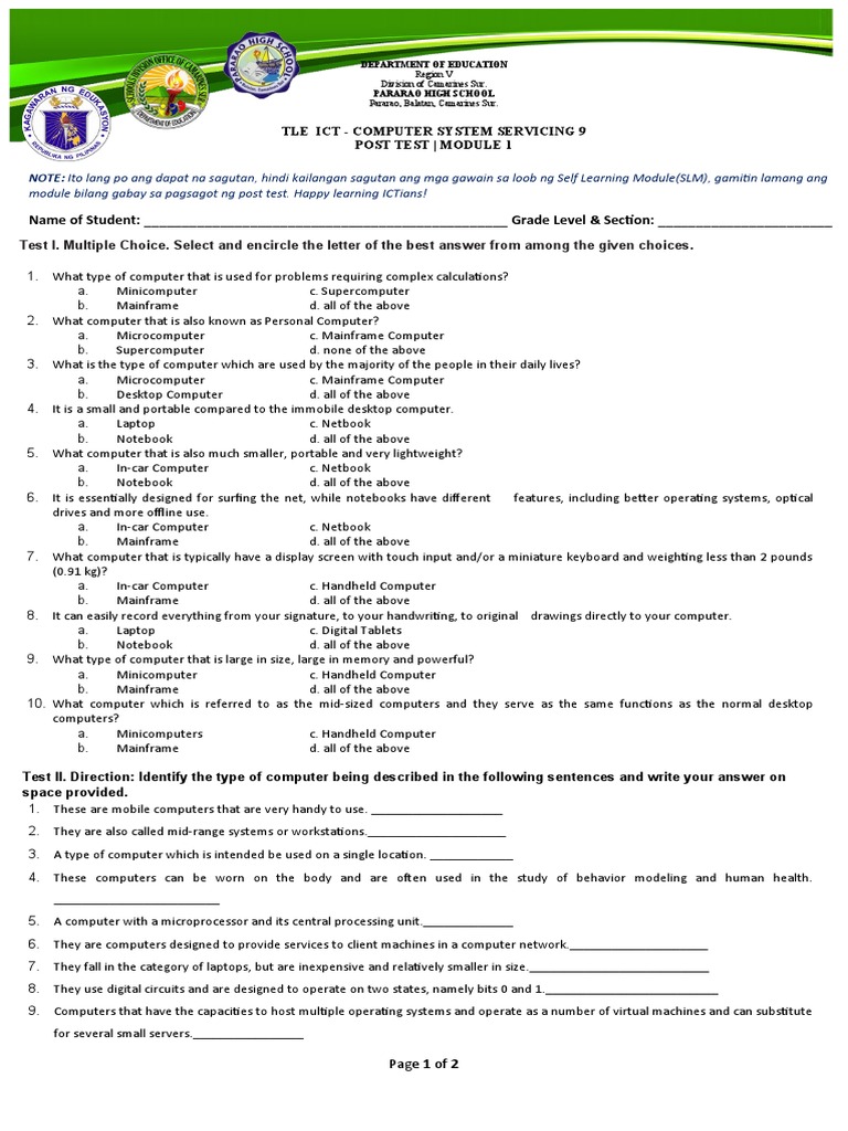 ICT 9 Post Test on Computer Types | PDF | Laptop | Desktop Computer