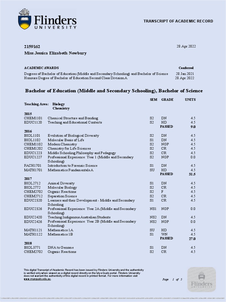 Official Transcript - Flinders University | PDF | Bachelor's Degree