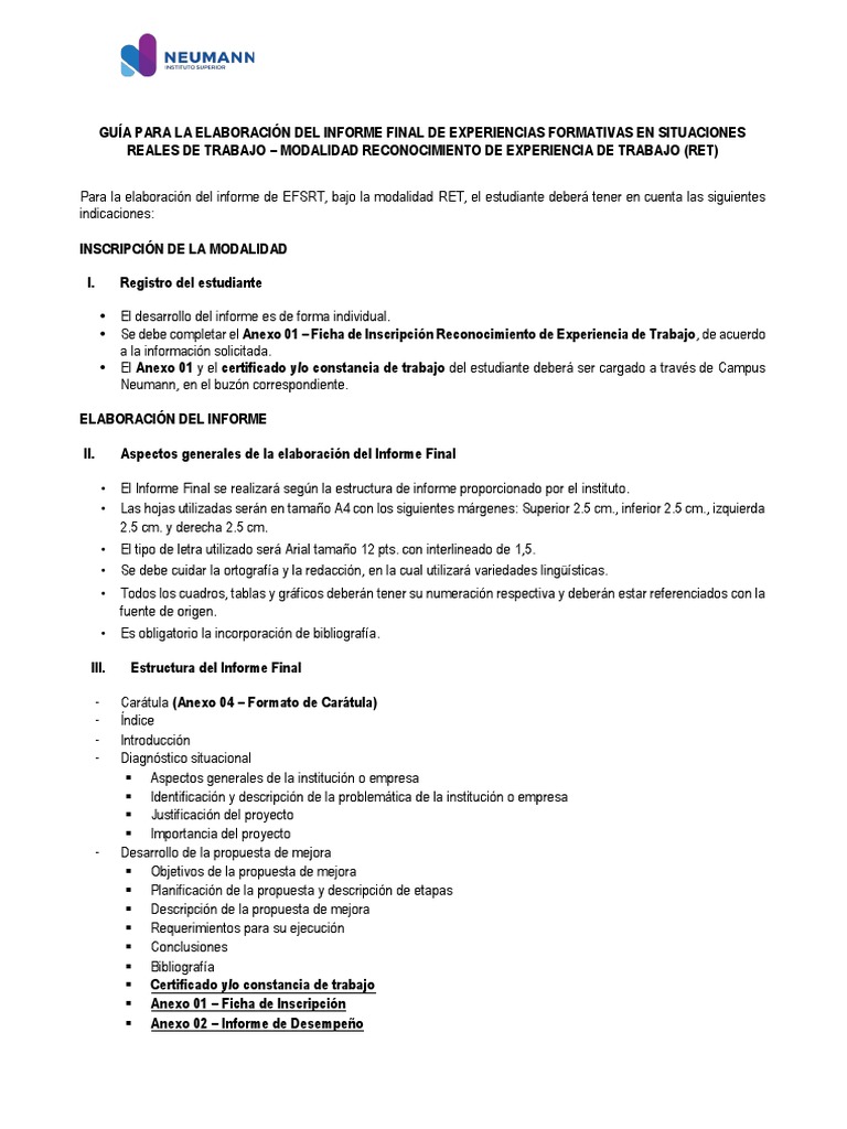 Guia para La Elaboracion Del Informe Final de Experiencias Formativas ... Guia para La Elaboracion Del Informe Final de Experiencias Formativas ...