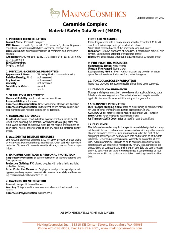 Msds Ceramide Complex | PDF | Dangerous Goods | Water