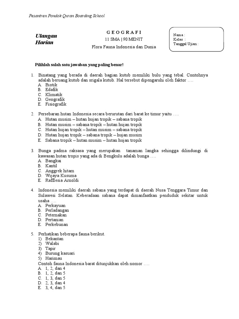 Ulangan Harian Kelas 5 Geo Bab FF | PDF