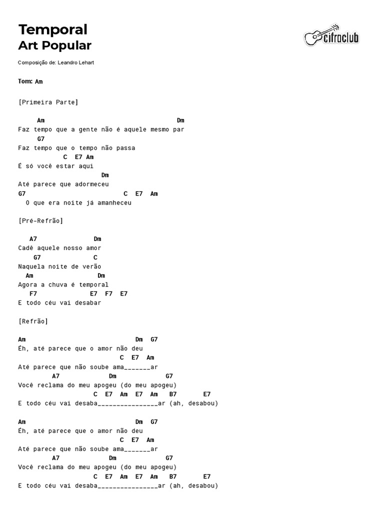 Letra e Cifras de "Temporal" - Art Popular | PDF
