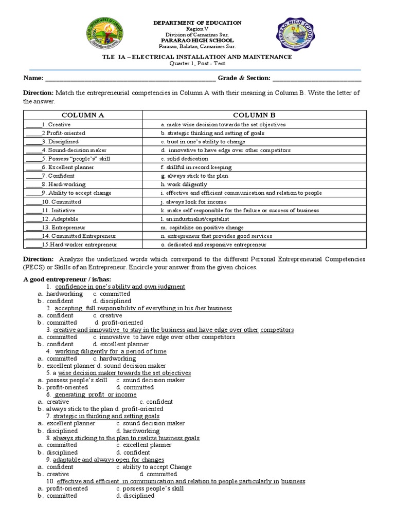 Quarter 1 Post Test Eim | PDF | Entrepreneurship | Cognition