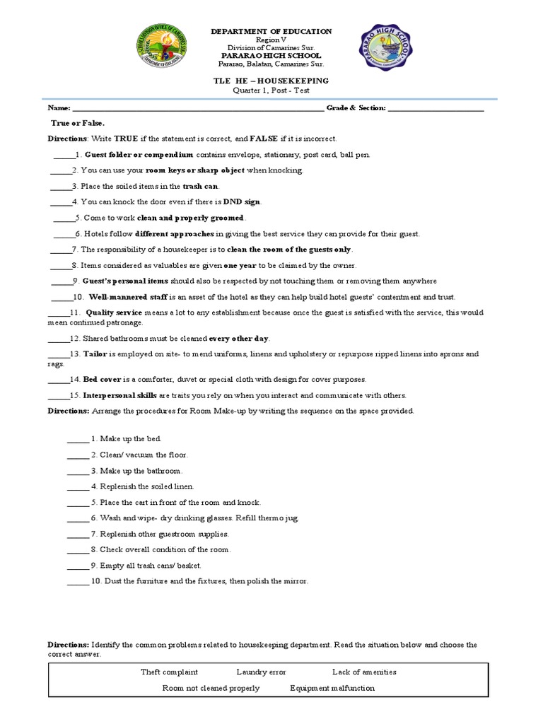 Quarter 1 Post Test HK | PDF | Housekeeping | Home