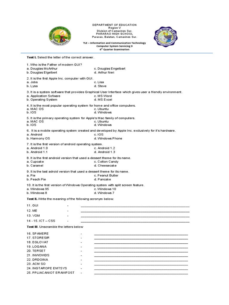 Tle Ict 9 4TH Quarter Exam To Print | PDF | Operating System | Graphical User Interfaces
