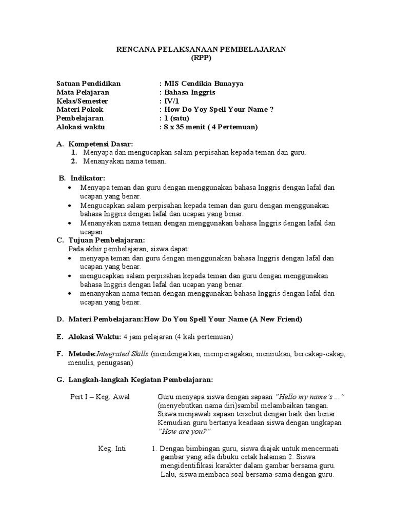 RPP K13 Bahasa Inggris Kelas 4 Semester 1 Revisi 2019 | PDF | Seni & Disiplin Bahasa