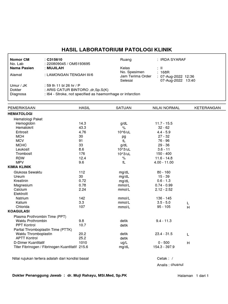 Hasil Laboratorium untuk Stroke I64 | PDF