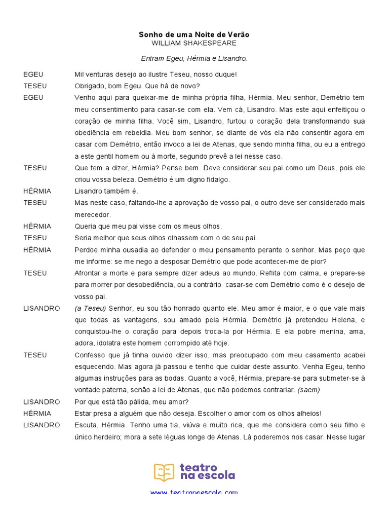 Sonho de uma Noite de Verão: Ato I | PDF | Amor | Sonho de uma Noite de ...