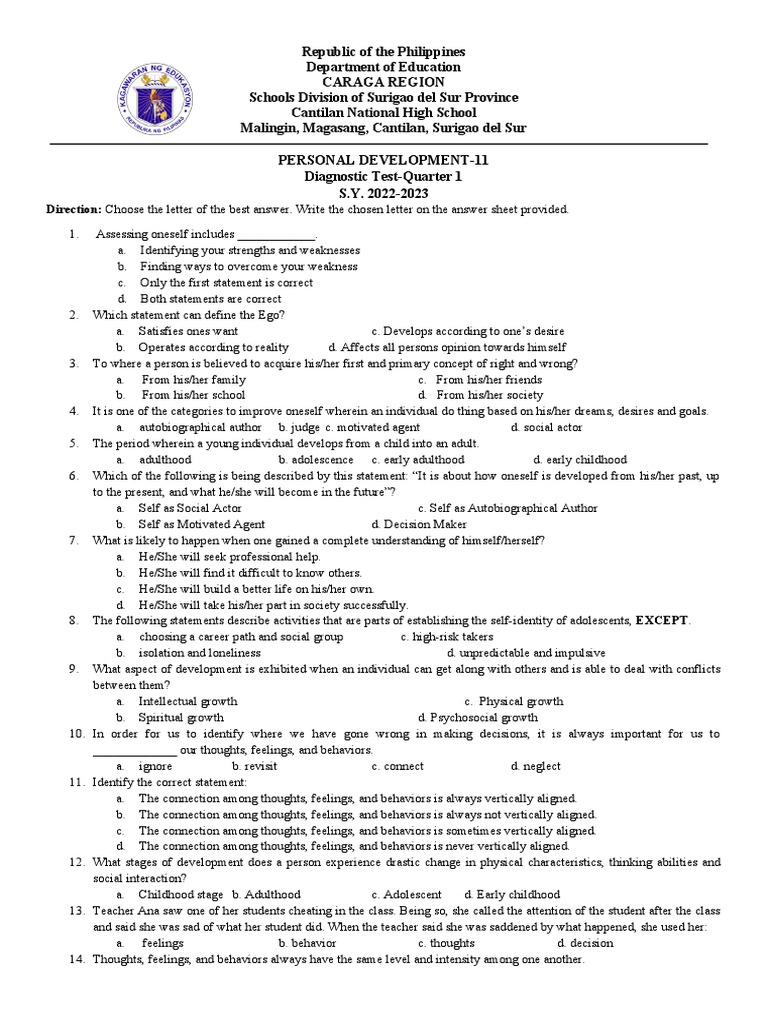 Personal Development Diagnostic Test | PDF | Stress (Biology) | Self ...