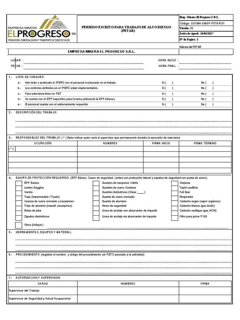 SSOMA-EMEP-PETAR.01 Permiso Escrito para Trabajo de Alto Riesgo | PDF