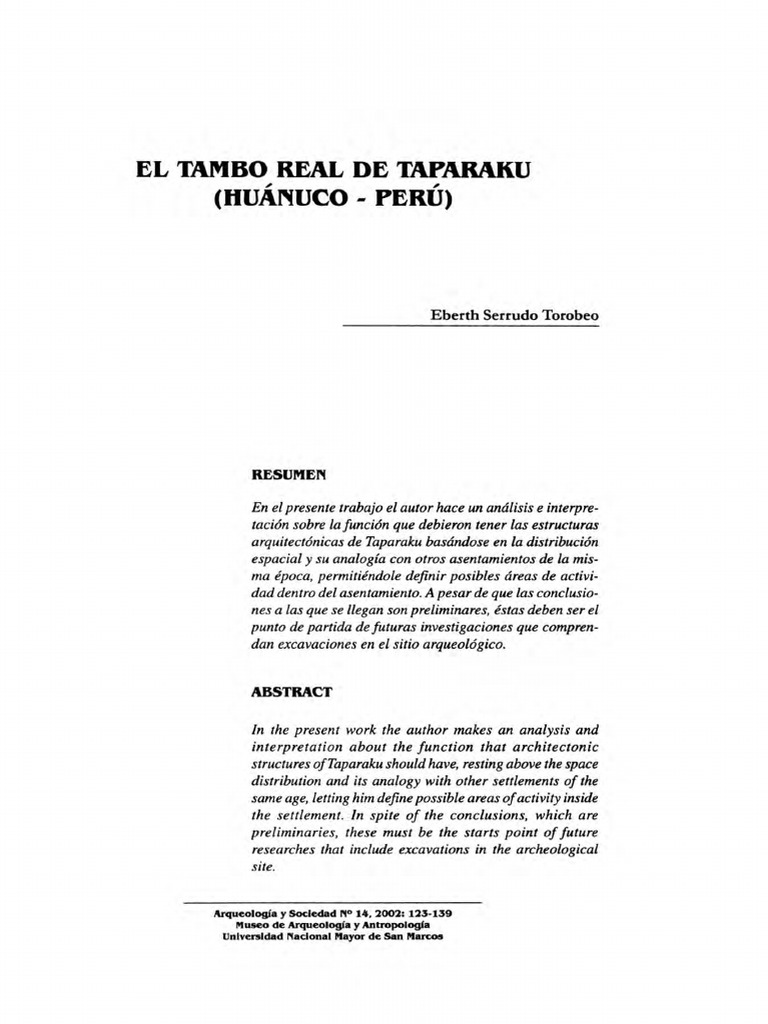El Tambo Real de Taparaku (Huanuco - Peru) : Resumen | PDF | Imperio Inca | Andes