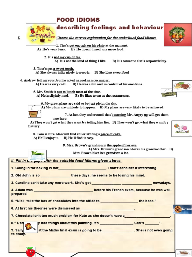 Food Idioms Describing Feelings and Behaviour: Choose The Correct ...