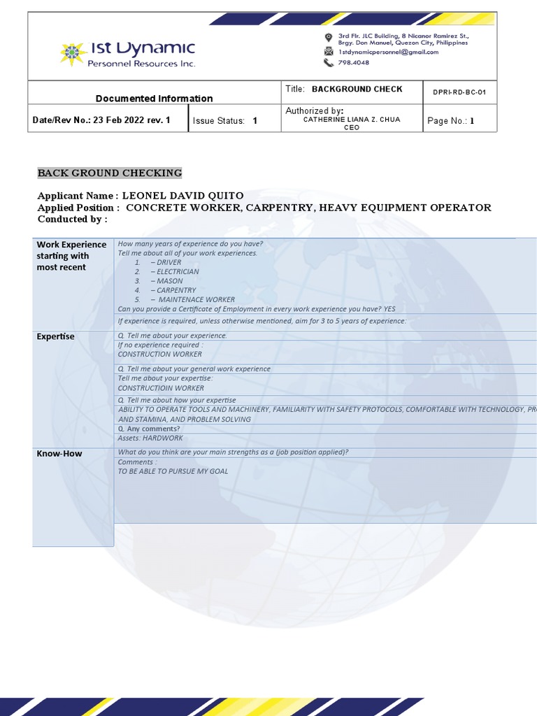 Background Check for Leonel Quito | PDF | Background Check | Travel Visa