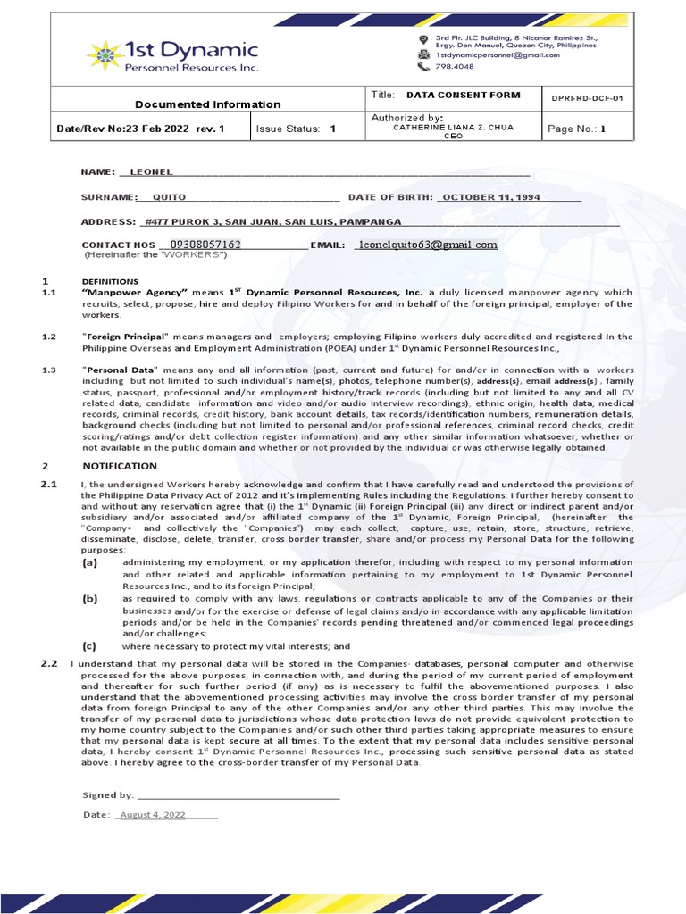 Data Consent Form-LEONEL-QUITO | PDF | Information Privacy | Criminal Record