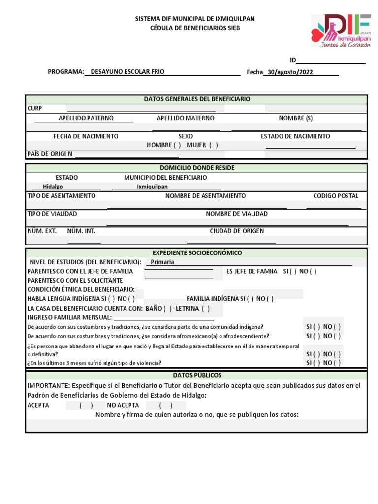 Cédula de Beneficiarios SIEB IXMIQUILPAN | PDF | America latina
