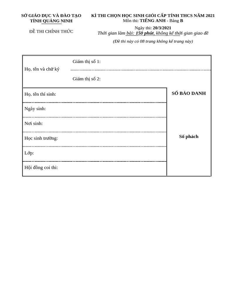 ĐỀ CHÍNH THỨC BẢNG B HSG LỚP 9 | PDF