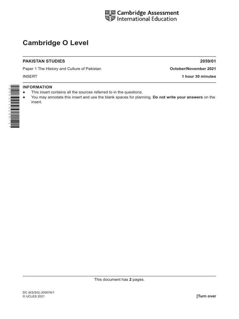 Cambridge O Level: Pakistan Studies 2059/01 | PDF | Copyright | Mughal ...