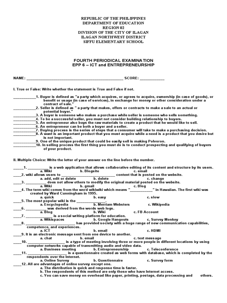 Fourth Periodical Examination Epp 6 - Ict and Entrepreneurship | PDF ...