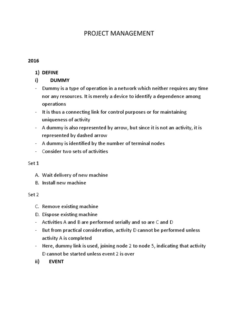 Project Management: 2016 1) Define I) Dummy | PDF