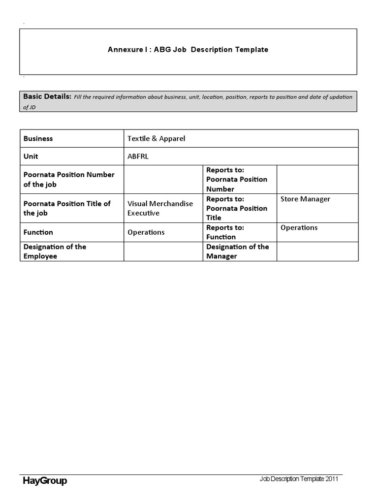 Basic Details:: Annexure I: ABG Job Description Template | PDF | Business