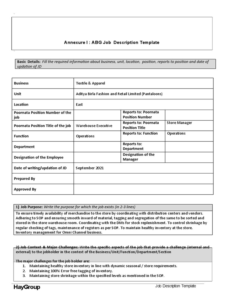 ABG Warehouse Executive Job Description | PDF | Warehouse | Inventory