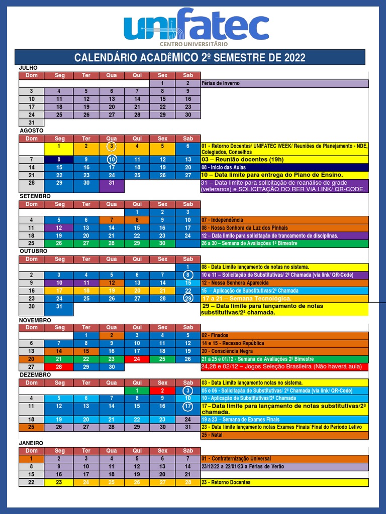 Calendário Acadêmico 2º Semestre 2022 | PDF