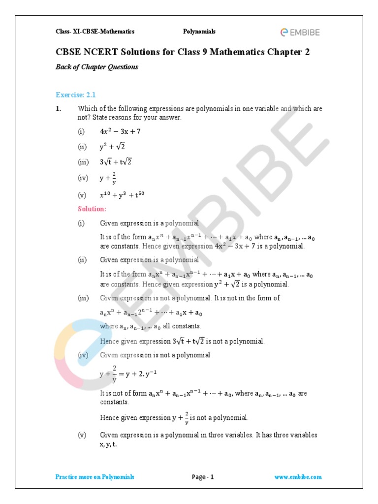 CBSE NCERT Solutions For Class 9 Mathematics Chapter 2: Back of Chapter ...